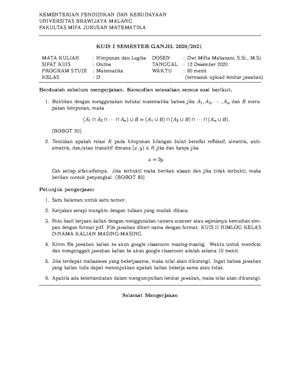 Kuis 2 Himpunan Logika 2020 - KEMENTERIAN PENDIDIKAN DAN KEBUDAYAAN ...