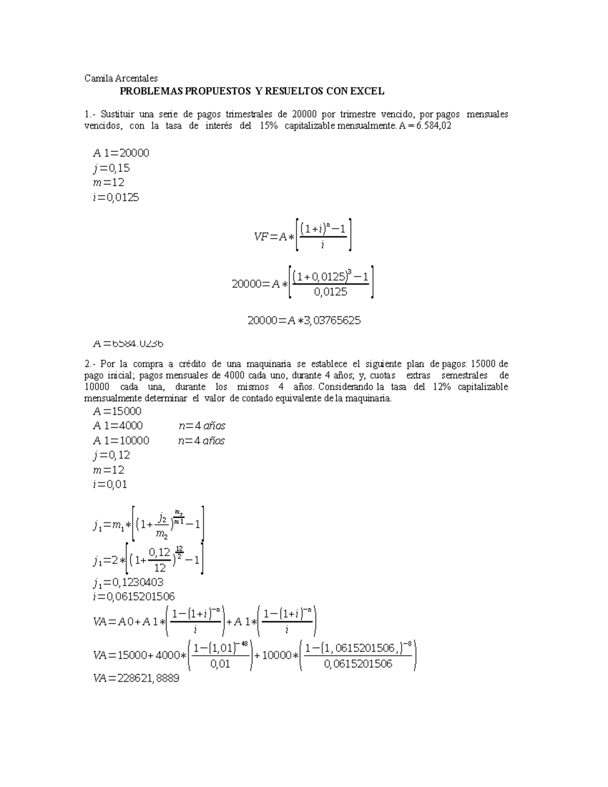 matemática financiera - Camila Arcentales PROBLEMAS PROPUESTOS Y ...