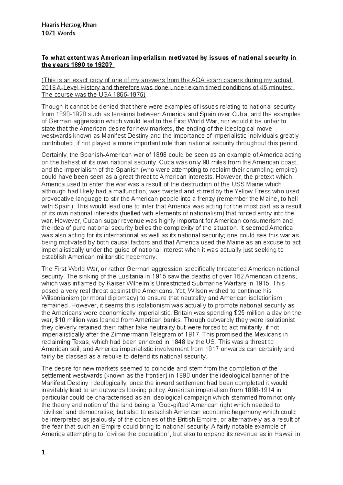 To what extent was American imperialism motivated by issues of national ...