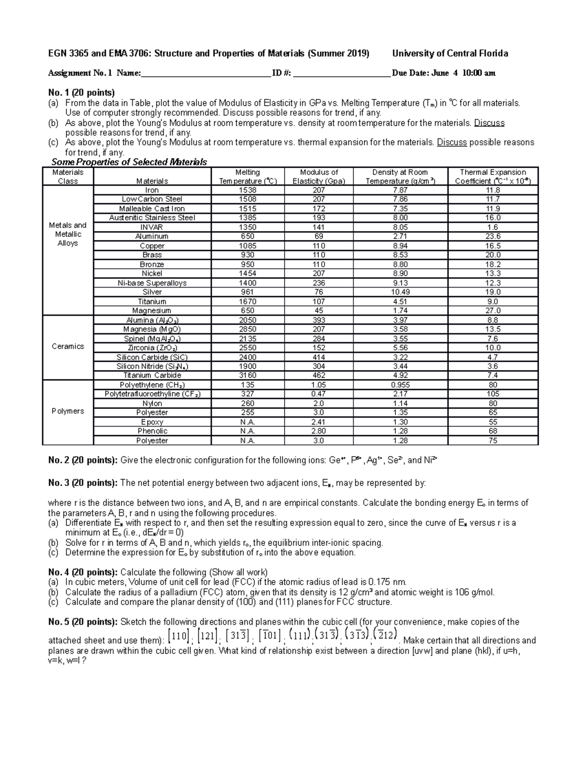 HWA-No1 19 Summer - Homework assignment no 1 - EGN 3365 and EMA 3706 ...