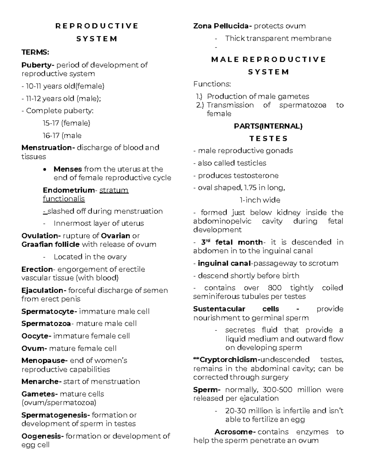 Reproductive Sytem - R E P R O D U C T I V E S Y S T E M TERMS: Puberty ...
