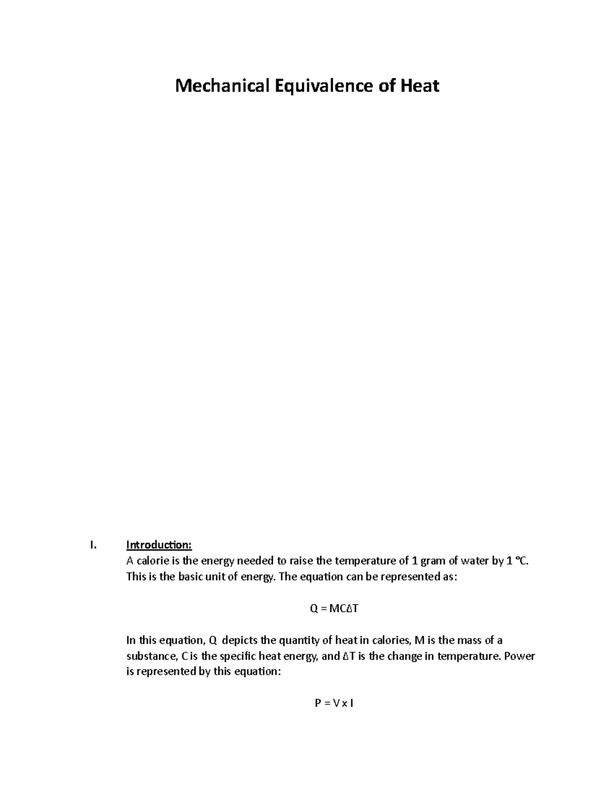 Mechanical Equivalence of Heat - Introduction: A calorie is the energy ...