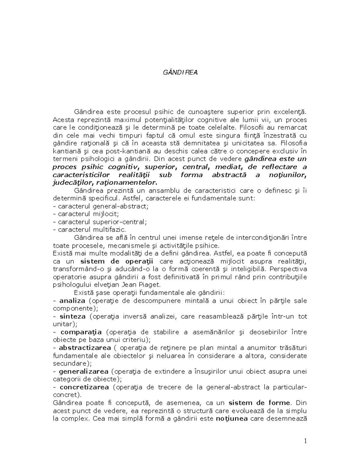 Despre Gandire - Notes for class - GÂNDI REA Gândirea este procesul ...