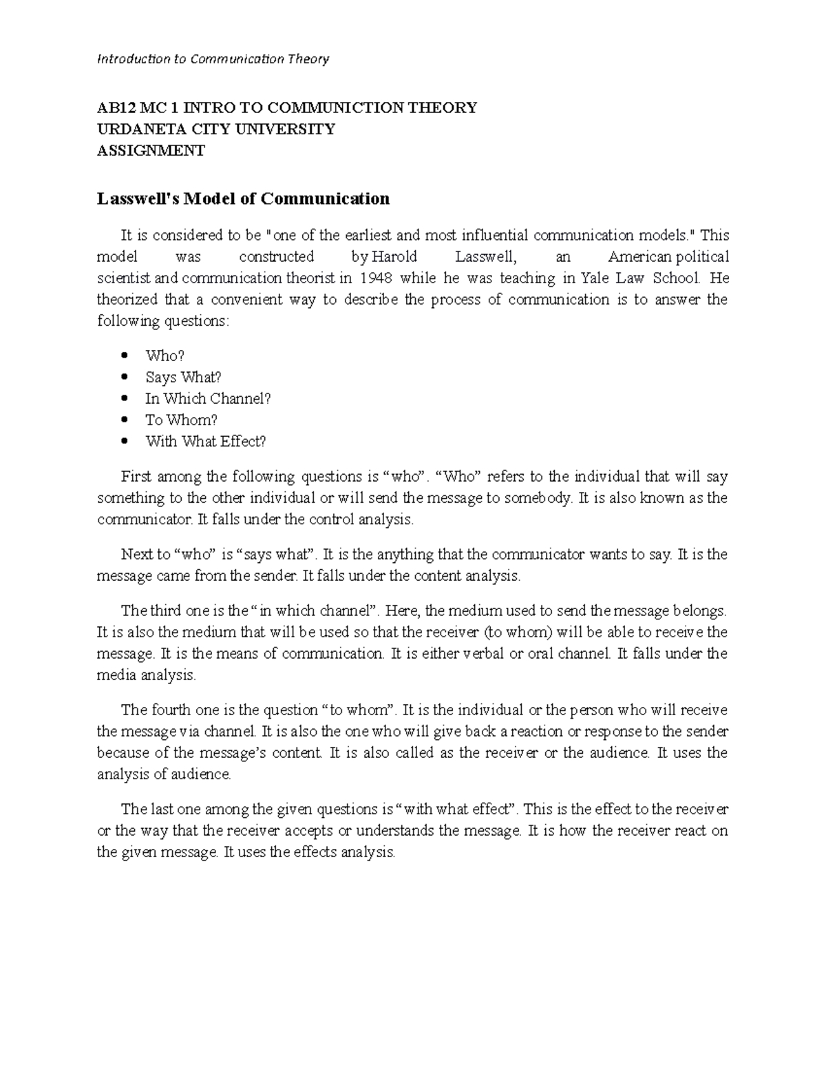 Model OF Communication (COMM Theory Assignment) - Introduction to ...