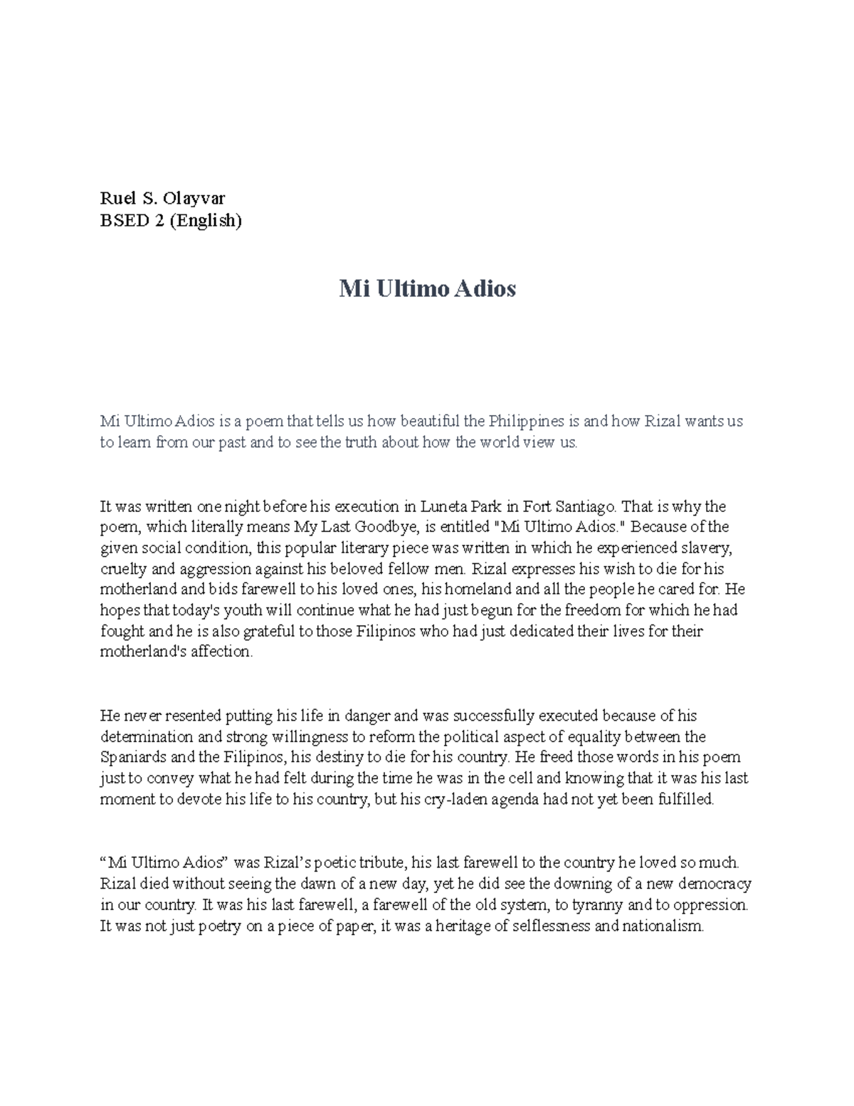 Mi ultimo adios - Ruel S. Olayvar BSED 2 (English) Mi Ultimo Adios Mi ...