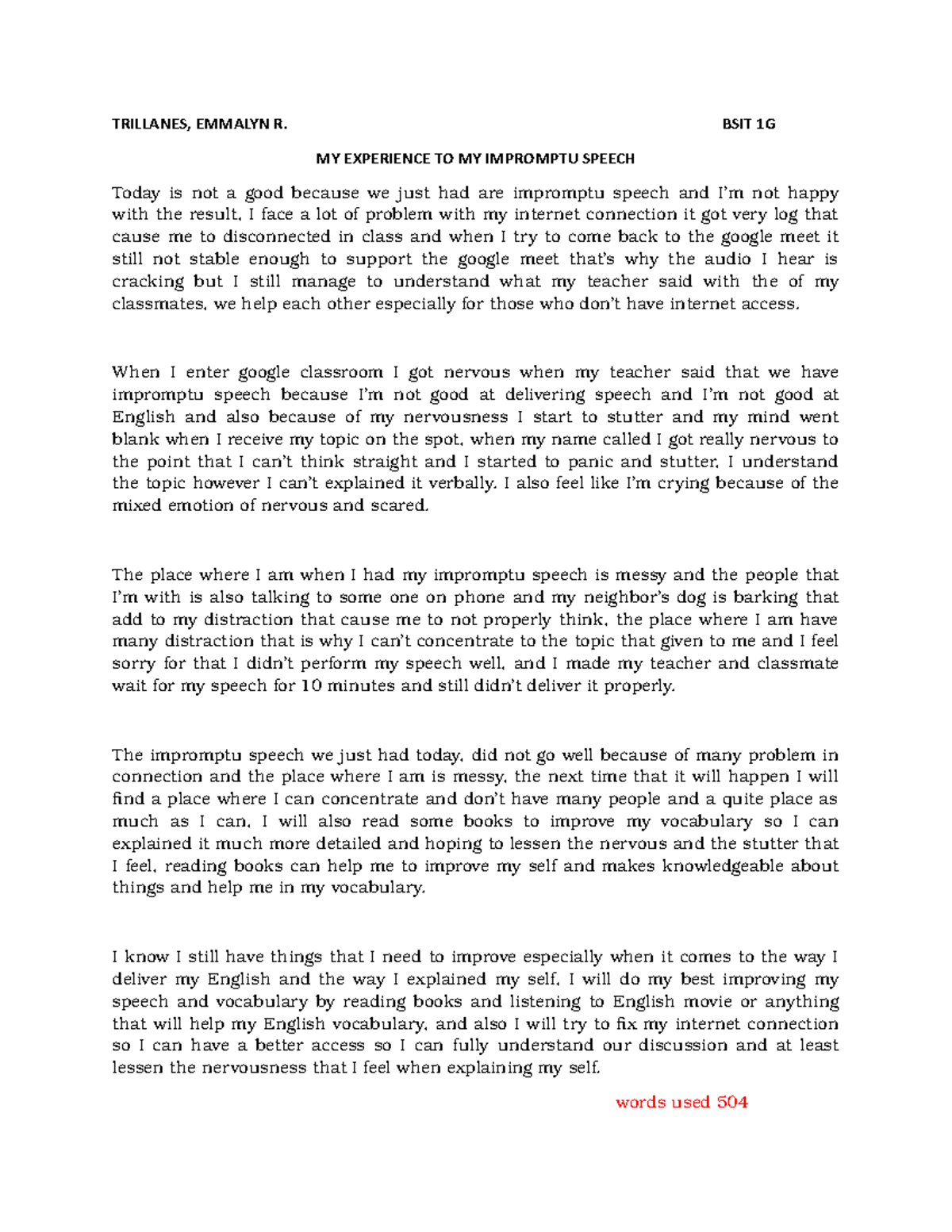 My promptu speech - Grade: 90 - TRILLANES, EMMALYN R. BSIT 1G MY ...