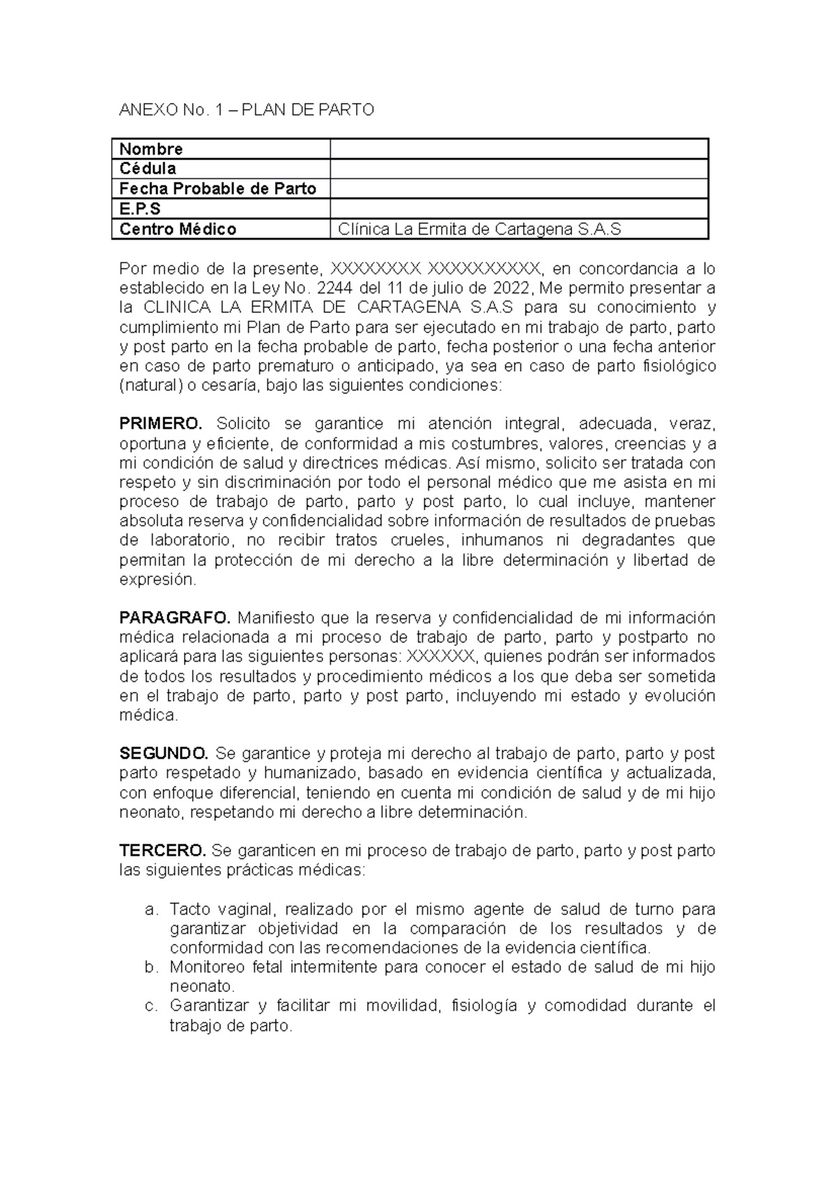 Modelo PLAN DE Parto - ANEXO No. 1 – PLAN DE PARTO Nombre Cédula Fecha ...