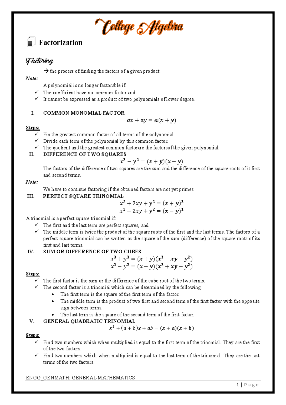 Module-3-Factorization - ENGG_GENMATH: GENERAL MATHEMATICS 1 | P a g e Factorization Factoring → ...