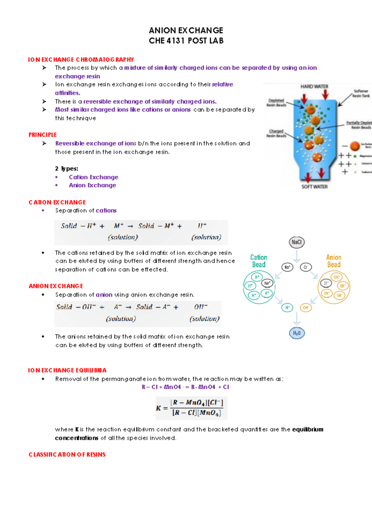Anion- Exchange - ANION EXCHANGE CHE 4131 POST LAB ION EXCHANGE ...