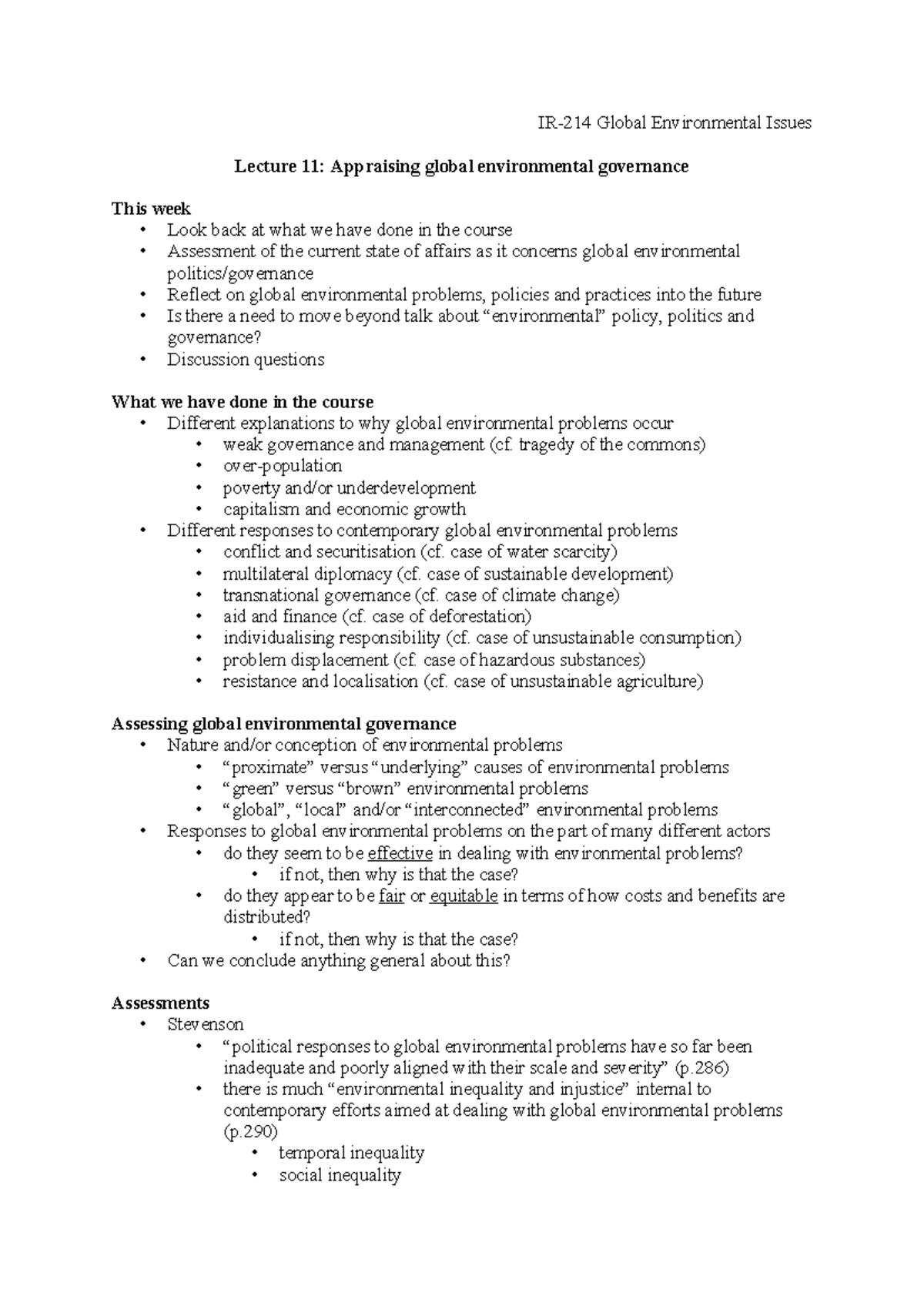 Lecture 11 - slides - IR-214 Global Environmental Issues Lecture 11 ...