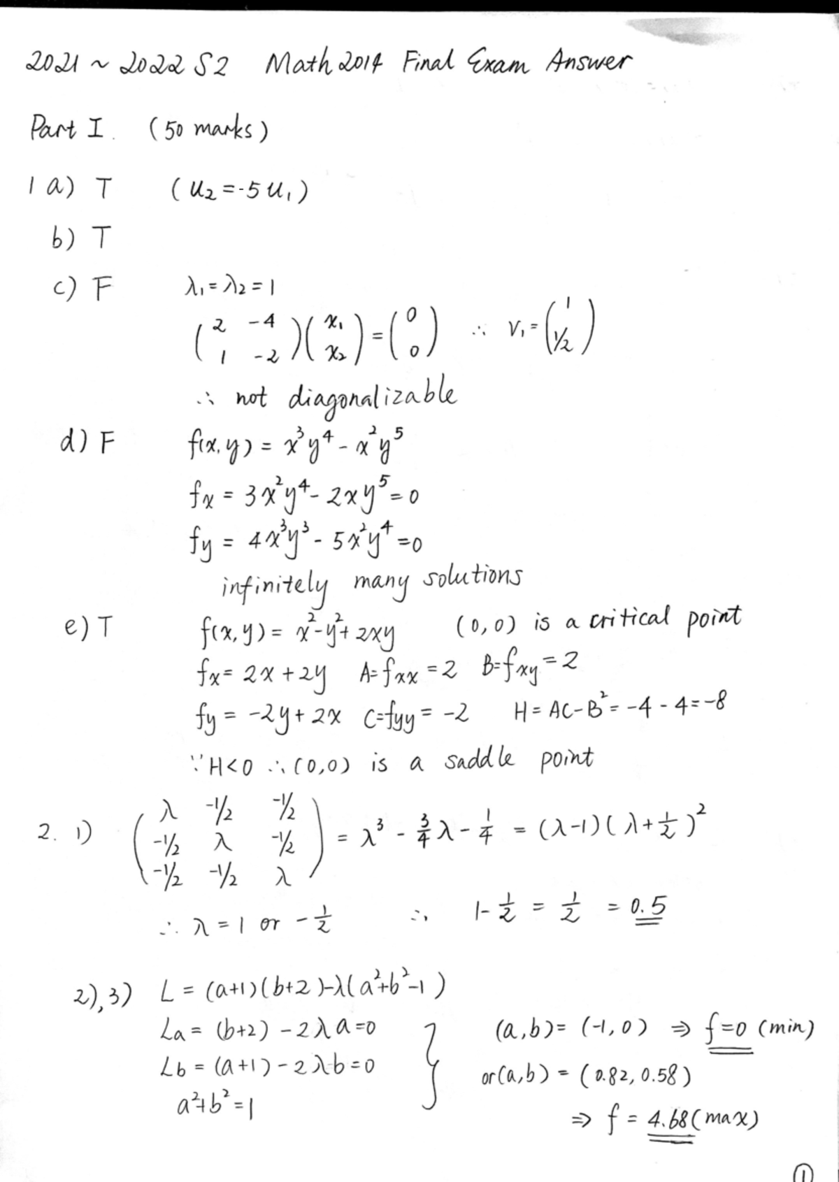 Math2014 2022S2 Answer - 2021 2022 S2 Math 2014 Final Exam Answer Part ...