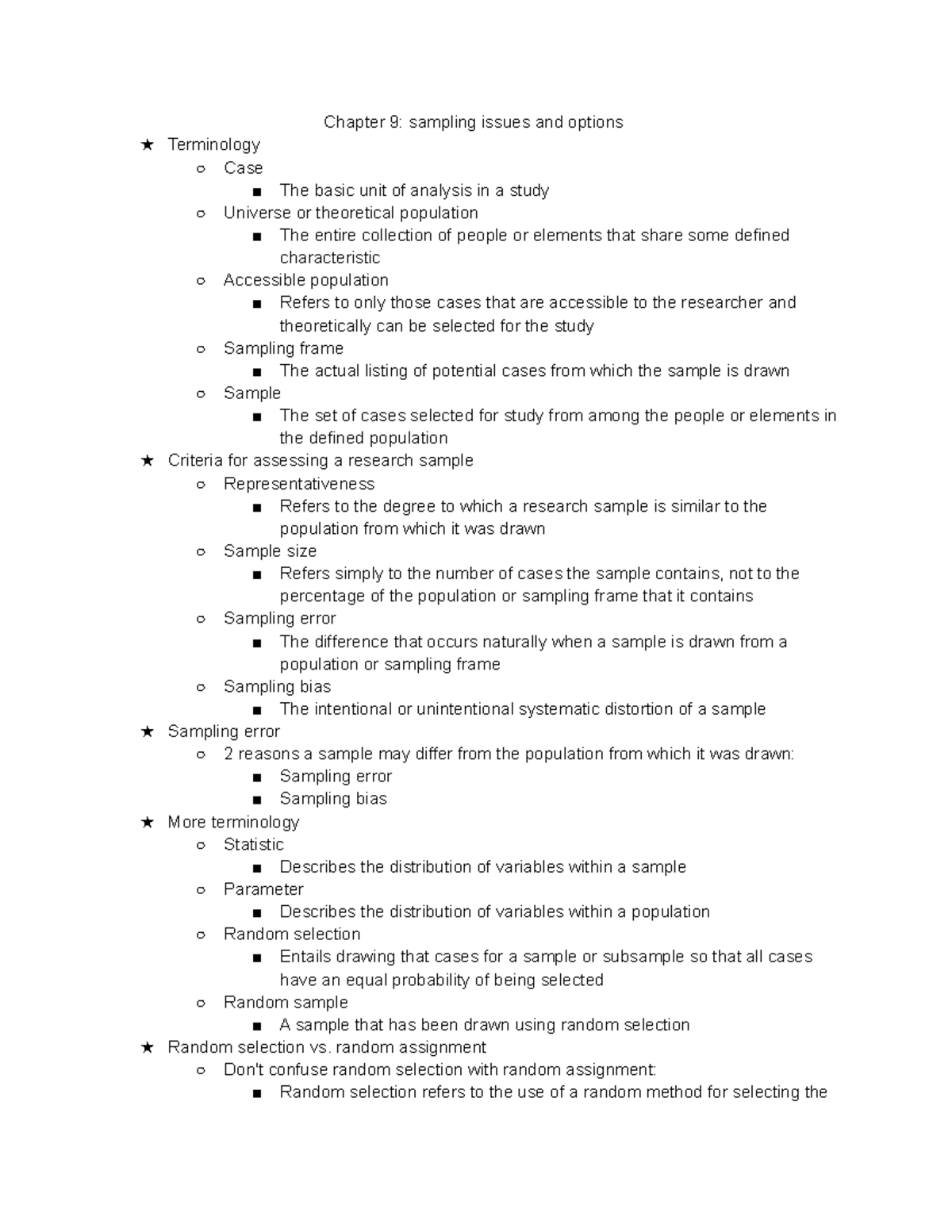 Chapter 9 sampling issues and options - Chapter 9: sampling issues and options ★ Terminology ...