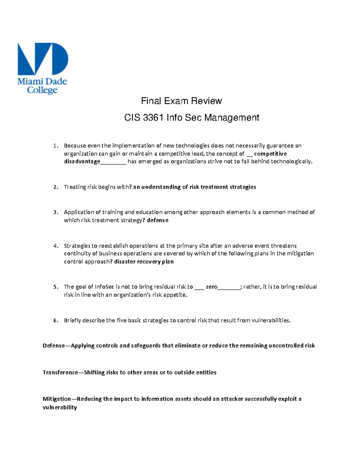 Final Exam Review Answers CIS3361 - Final Exam Review CIS 3361 Info Sec ...