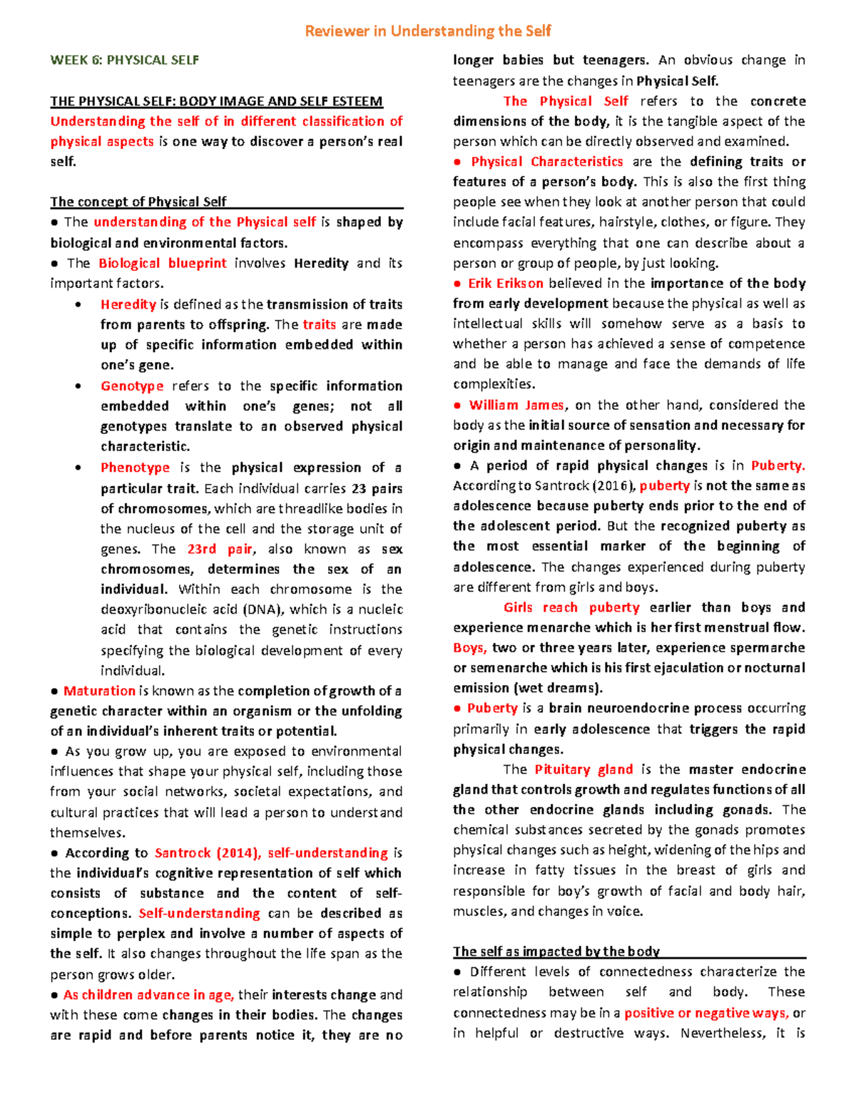 Understanding the Self WEEK 6 - The concept of Physical Self_______________________ The - Studocu