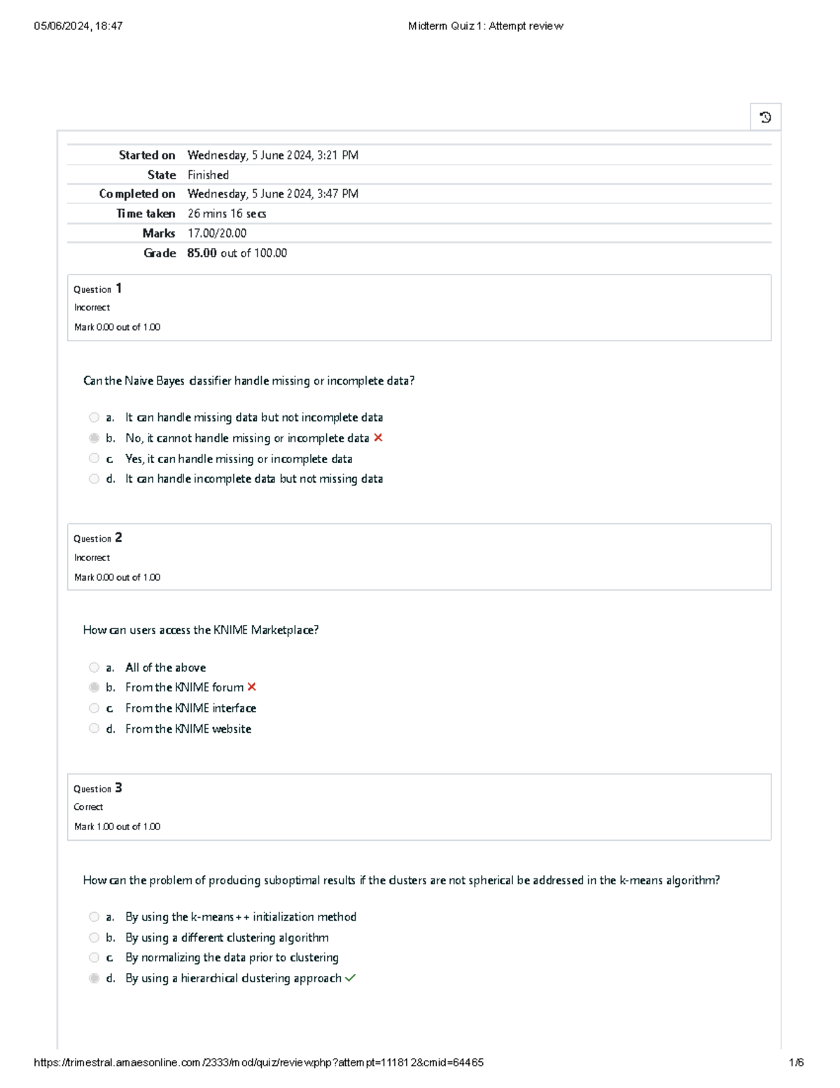 AI Midterm Quiz 1 Attempt review - Started on Wednesday, 5 June 2024, 3:21 PM State Finished ...