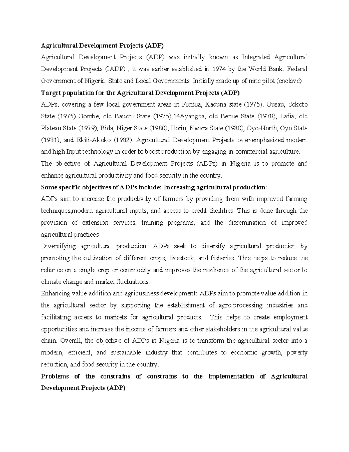 Agricultural Development Projects (ADP) - Initially made up of nine ...