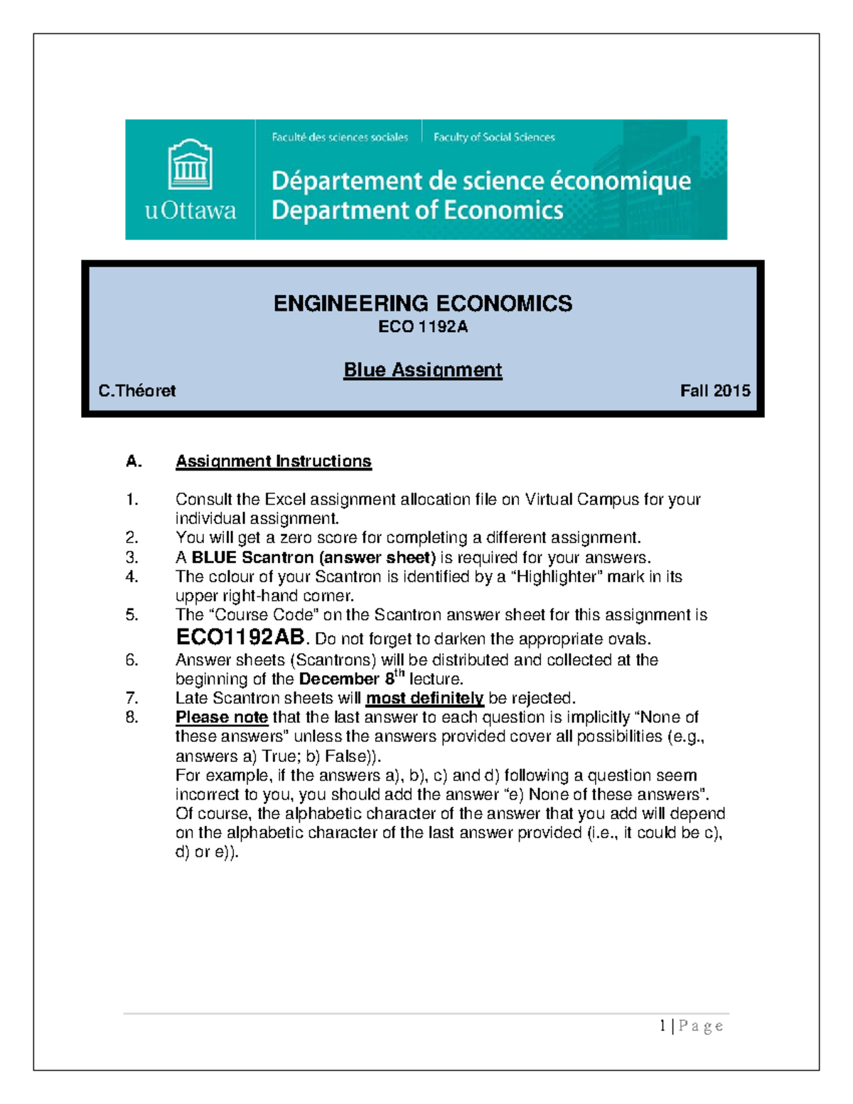 ECO1192 A Assignment Blue Fall 2015 - ENGINEERING ECONOMICS ECO 1192A ...