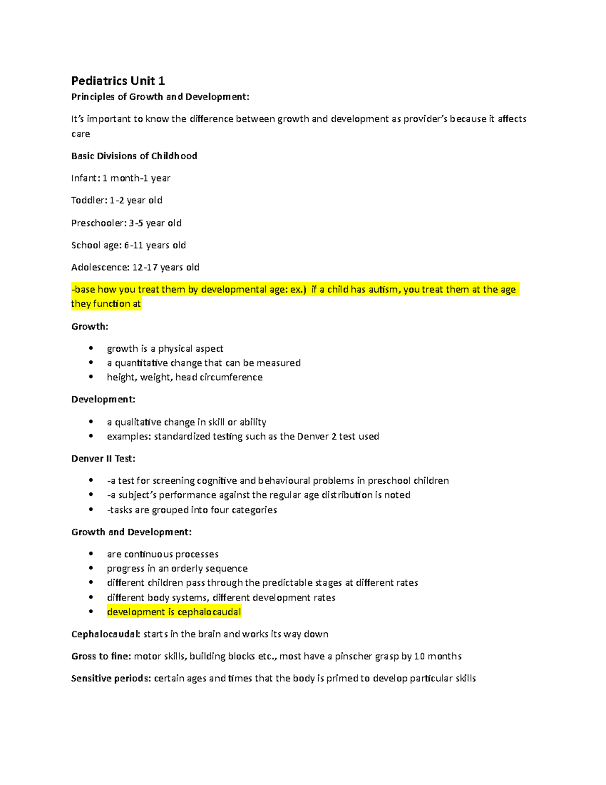 Pediatrics unit 1 notes - Pediatrics Unit 1 Principles of Growth and ...
