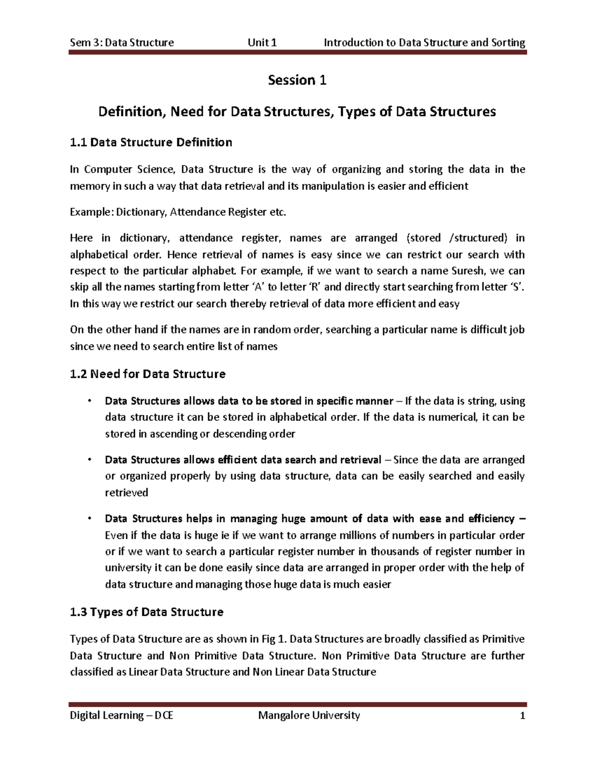 Unit 1 - Session 1 Definition, Need for Data Structures, Types of Data ...