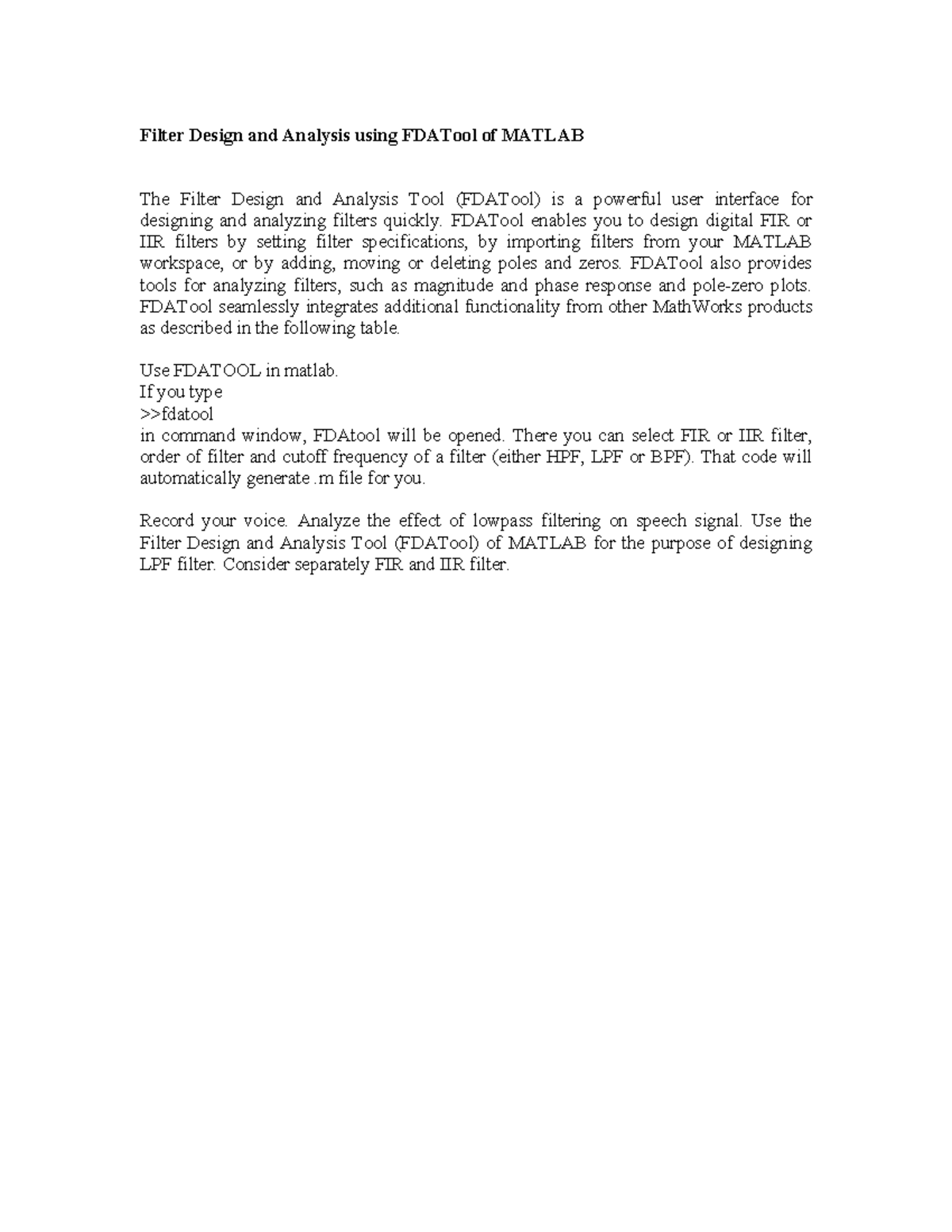 Seminar assignments - lab 5 - filter design and analysis using fdatool of matlab - Filter Design ...