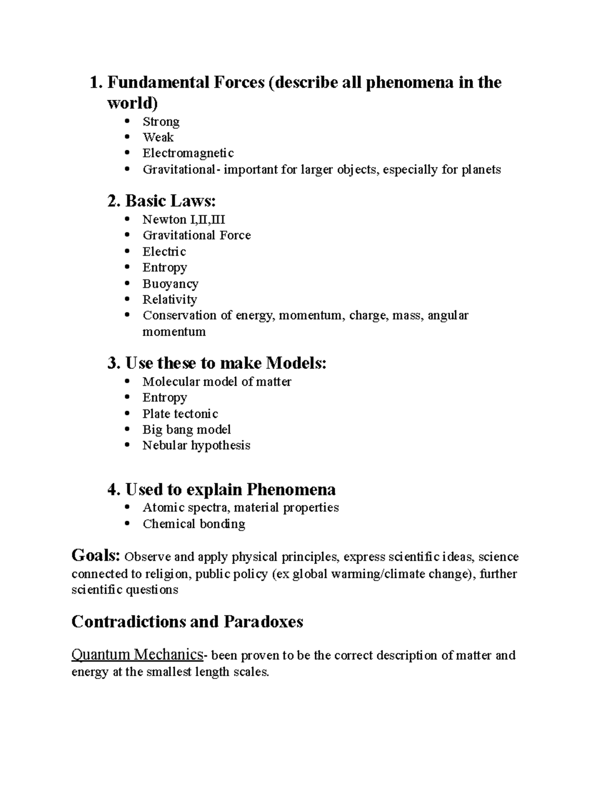 Fundamental Forces, Laws and Models - 1. Fundamental Forces (describe ...