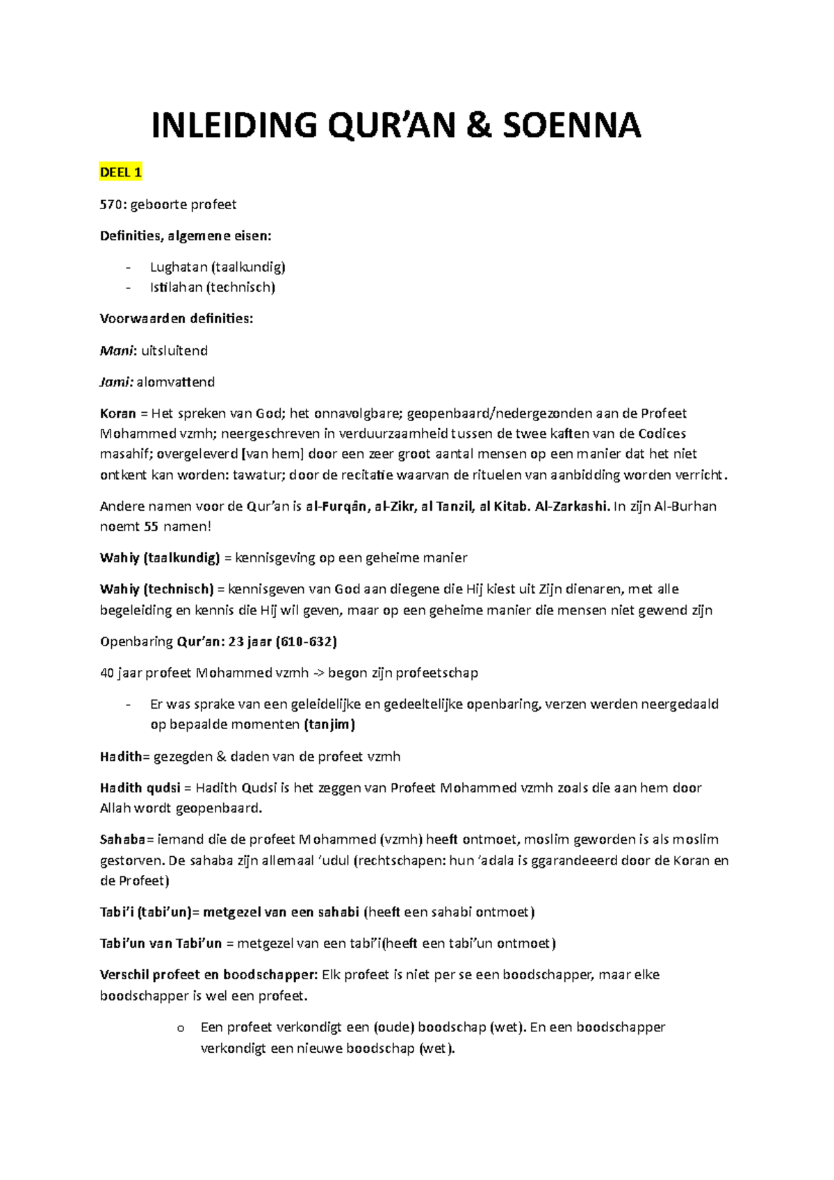 Samenvatting Inleiding Qur'an & Soenna - Inleiding in de Koran en ...