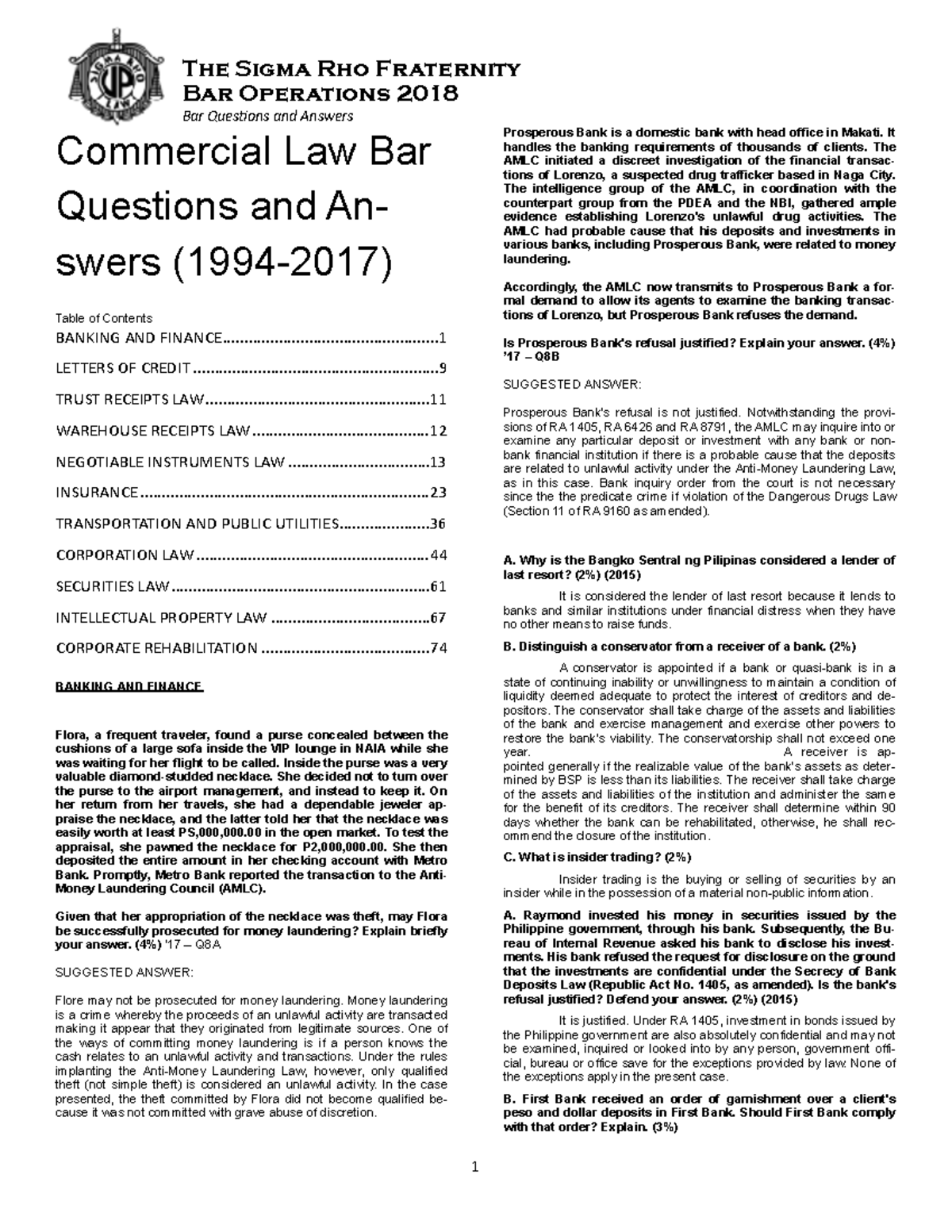 Toaz - qwe - Bar Operations 2018 Bar Quesons and Answers Commercial Law ...