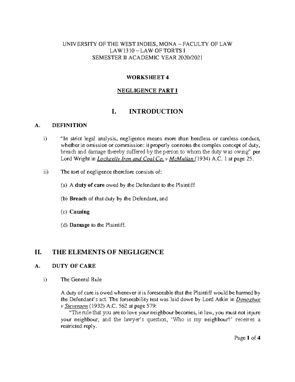 Tort I Worksheet 4-Negligence Part 1 - UNIVERSITY OF THE WEST INDIES ...