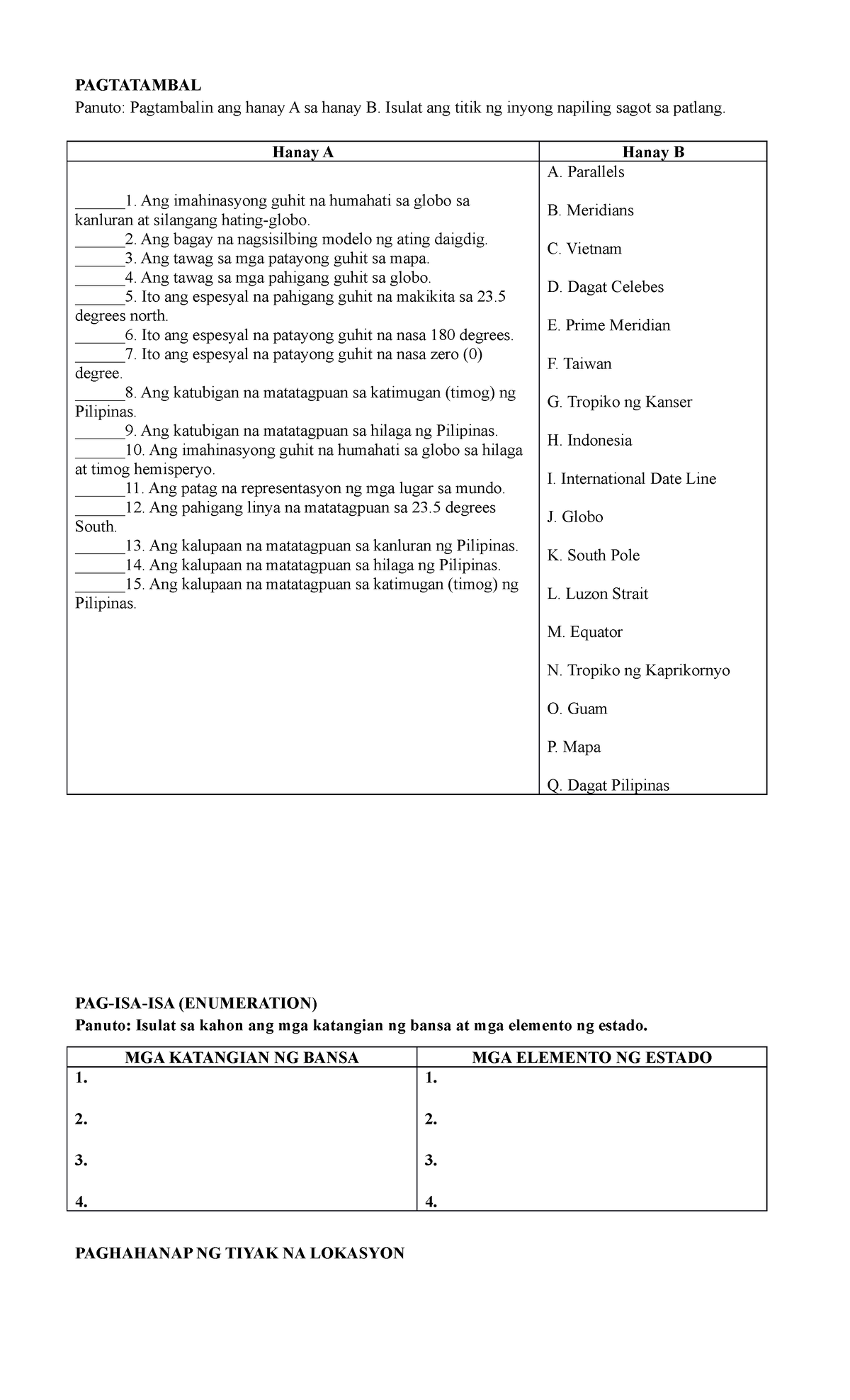 AP 4 - Assessment - PAGTATAMBAL Panuto: Pagtambalin ang hanay A sa ...