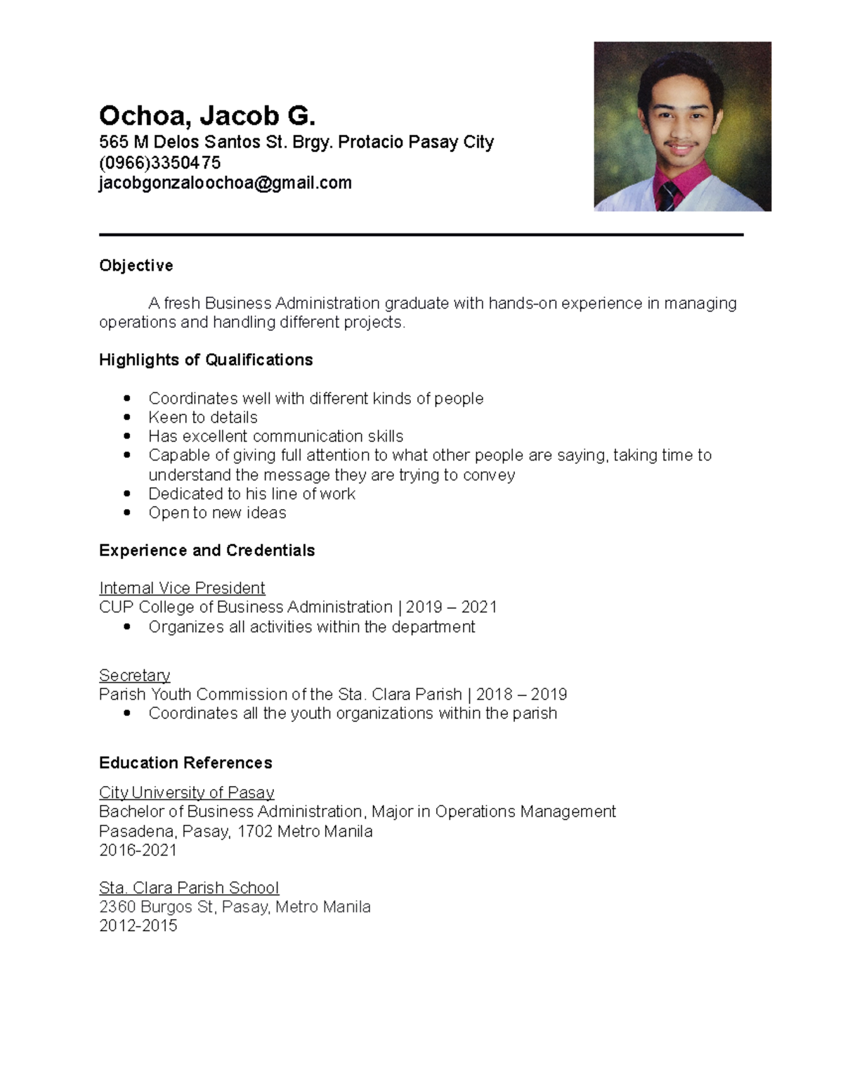 Resume Example - Ochoa, Jacob G. 565 M Delos Santos St. Brgy. Protacio ...