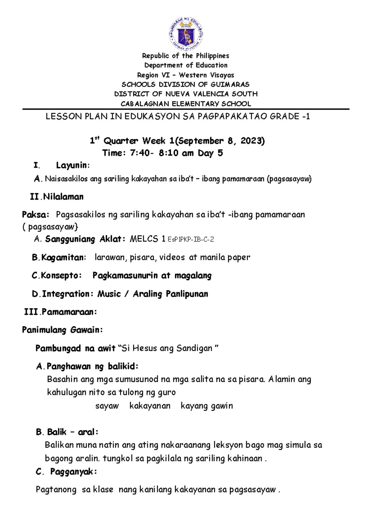 ESP Lesson PLAN Final - sample - Republic of the Philippines Department ...