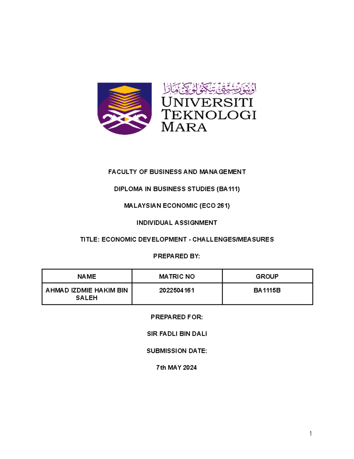 eco261 assignment - FACULTY OF BUSINESS AND MANAGEMENT DIPLOMA IN ...