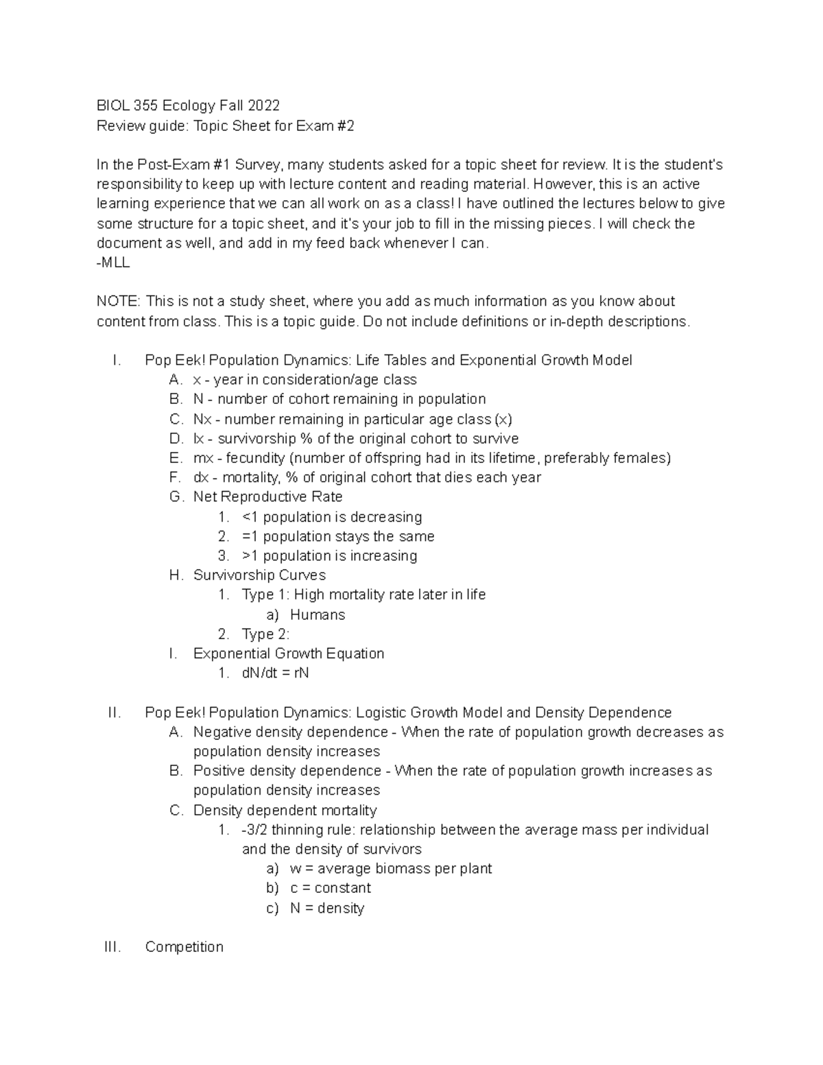 Topic Sheet for Exam #2 - It is the student’s responsibility to keep up ...