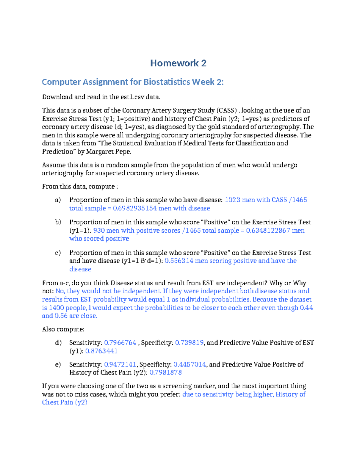 Homework 2 - Statistics step by step - Homework 2 Computer Assignment for Biostatistics Week 2 ...