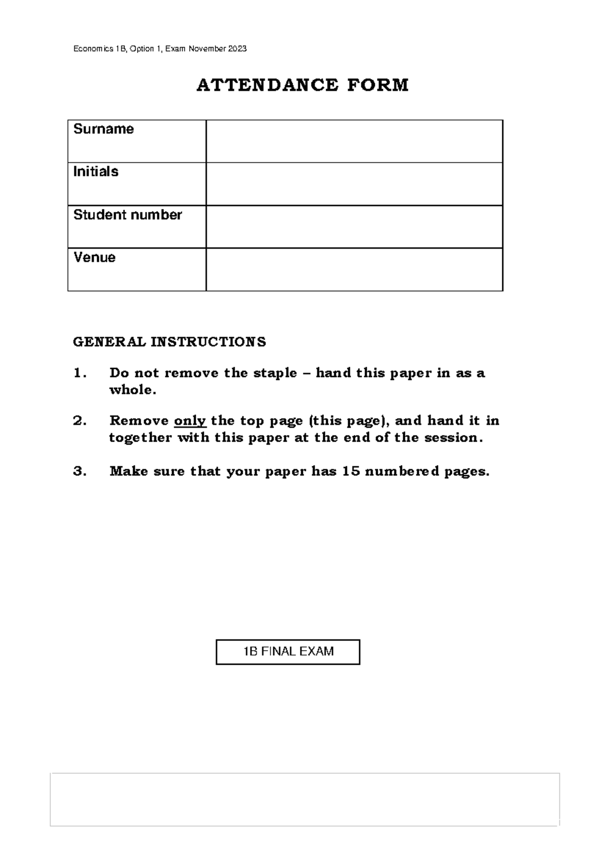 ECO01B1 2023 Exam - Economics 1B, Option 1, Exam November 20 23 Write ...