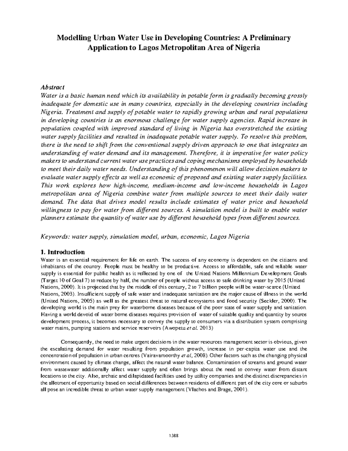 Modelling Urban Water Use in Developing Countries A Preliminary ...