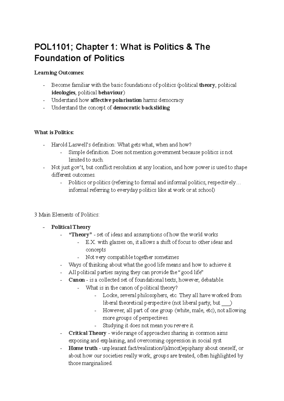 Chapter 1 WHAT IS Politics & Foundations OF Politics - POL1101 ...