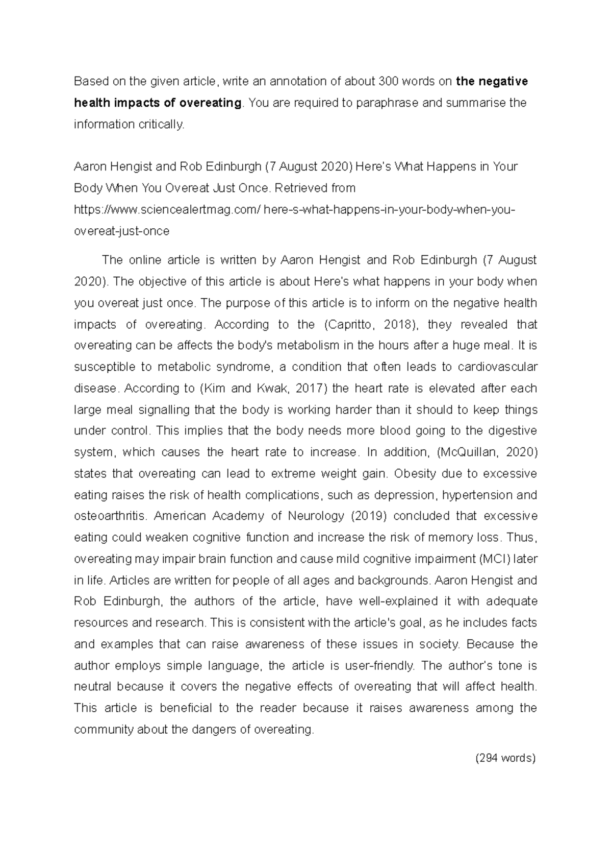 Answer Set 1 ELC550 - Based on the given article, write an annotation ...