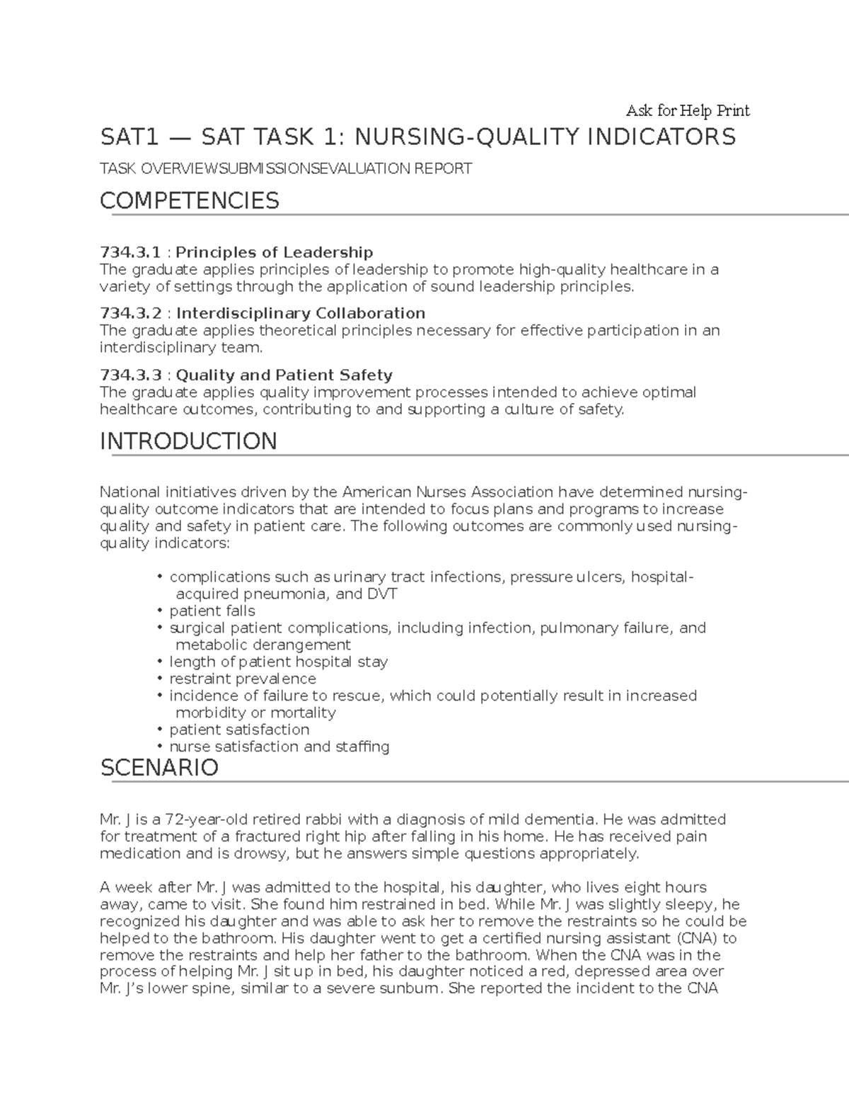 Task 1 - Task 1 - Ask for Help Print SAT1 — SAT TASK 1: NURSING-QUALITY ...