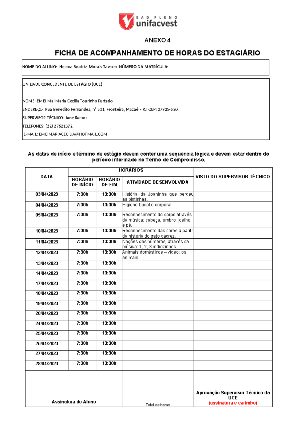 Ficha De Acompanhamento De Estágio Unopar - RETOEDU