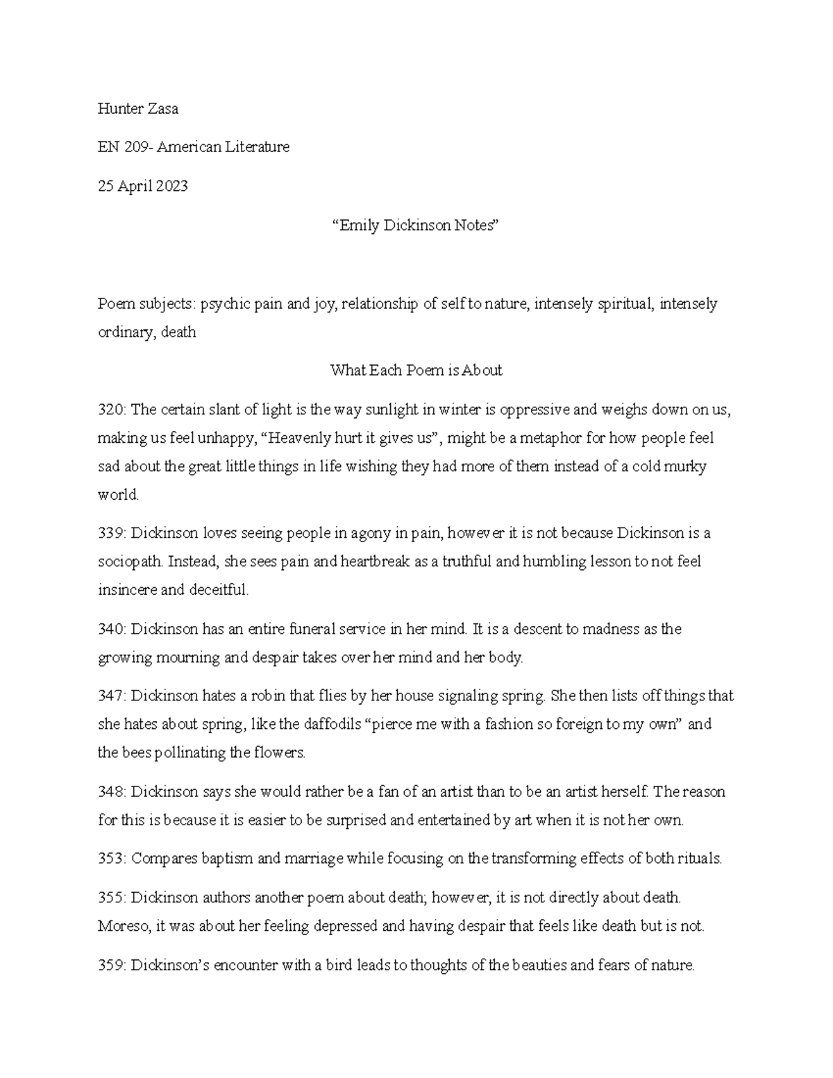 Emily Dickinson Notes - Hunter Zasa EN 209- American Literature 25 ...