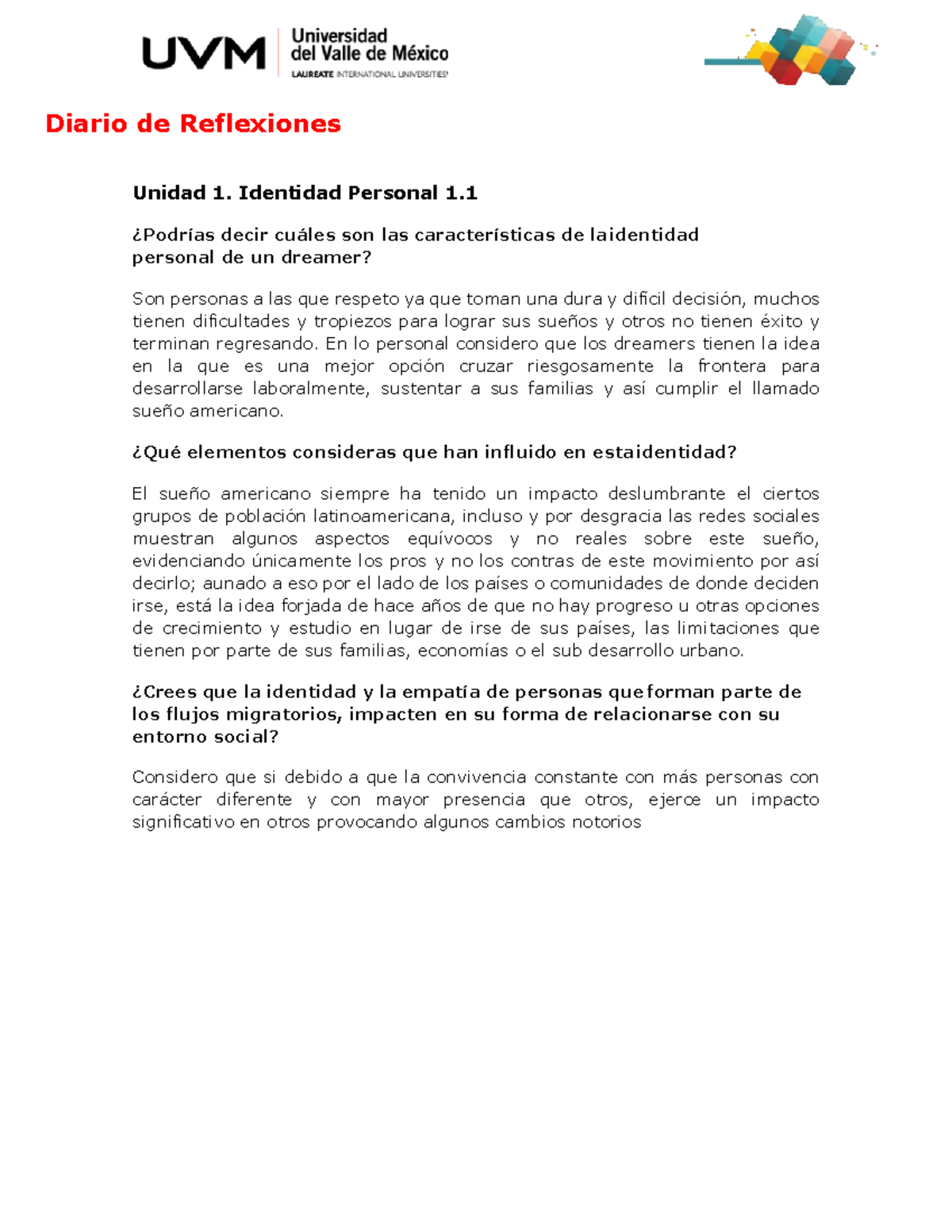 Diario de reflexiones unidad 1 identidad personal - Diario de Reflexiones Unidad 1. Identidad ...