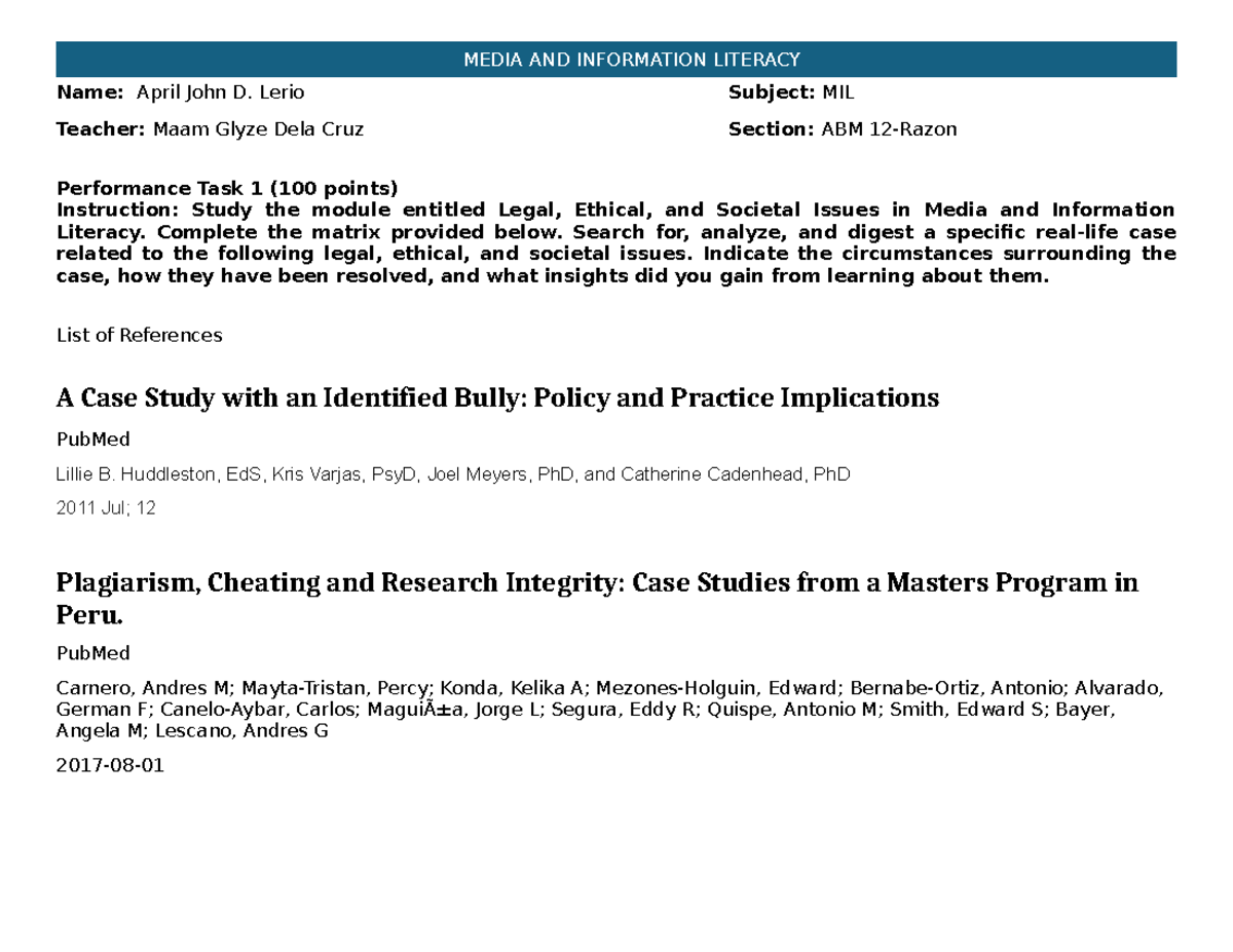 MIL CASE Study 1 - ideas for new students - Name: April John D. Lerio ...