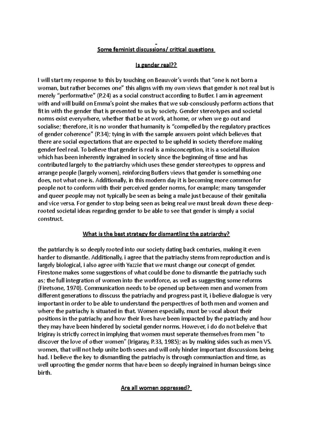 Critical feminist questions - Some feminist discussions/ critical ...