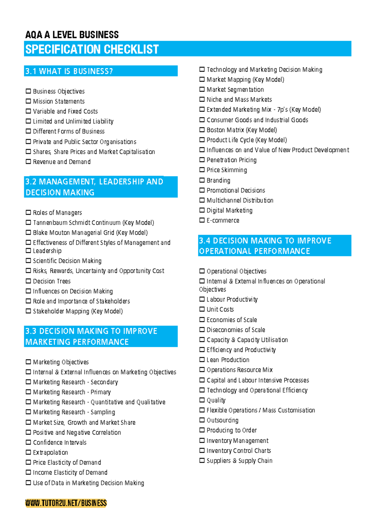 AQA-Business Checklist - AQA A LEVEL BUSINESS SPECIFICATION CHECKLIST 3 ...
