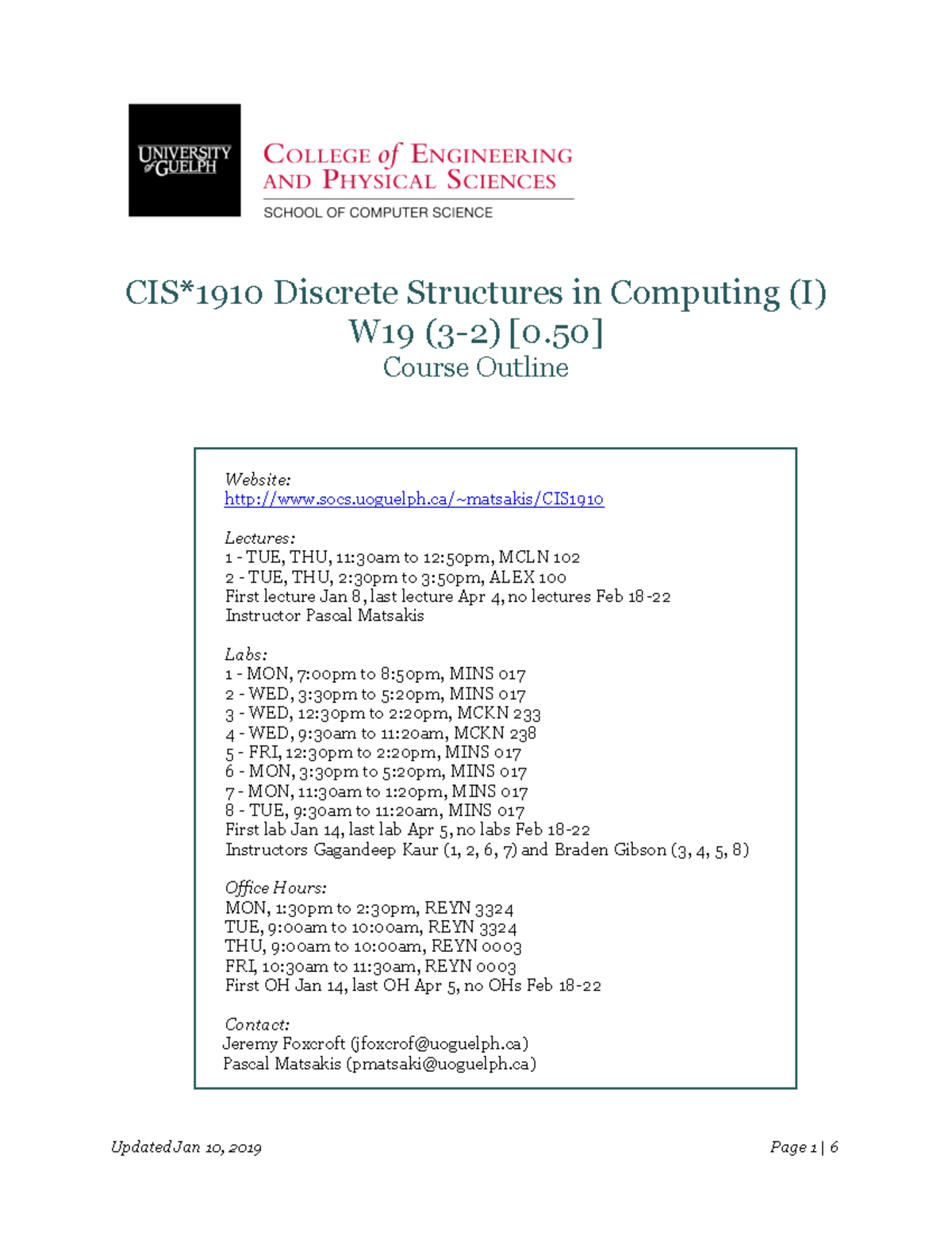 Outline Cis1910 Discrete Structures In Computing I W19 3 2 0 Course Outline Website