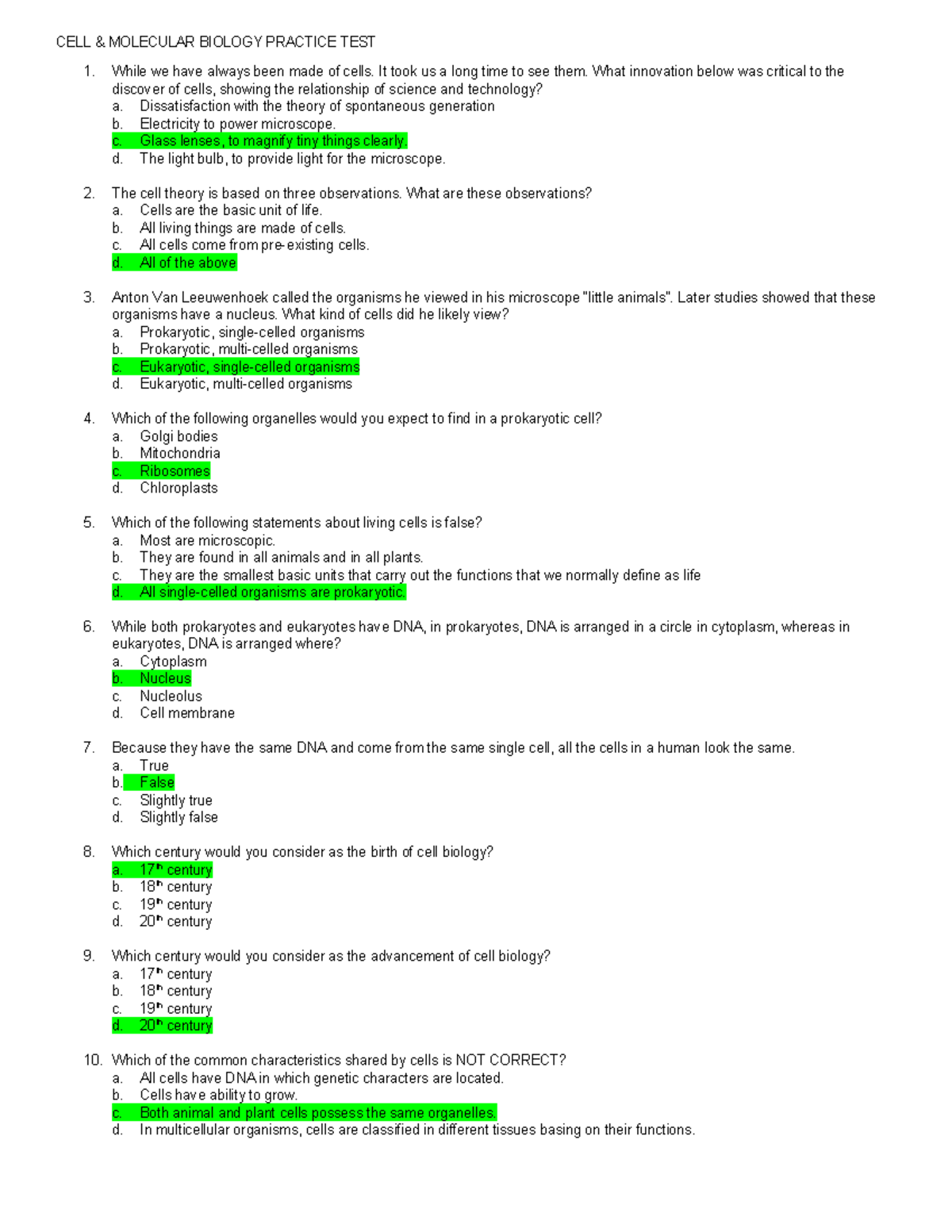 Cell and Molecular Biology Practice Test - CELL & MOLECULAR BIOLOGY ...