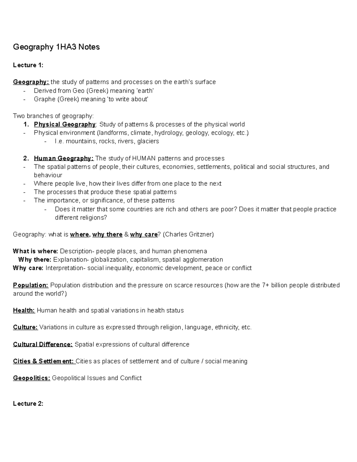 Geog 1HA3 Notes - Geography 1HA3 Notes Lecture 1: Geography: the study ...