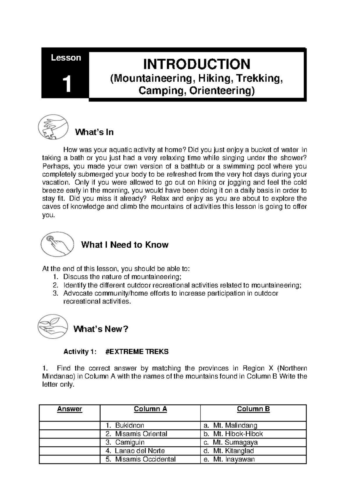 HOPE 4 Lessons 4TH Quarter - Lesson INTRODUCTION (Mountaineering ...