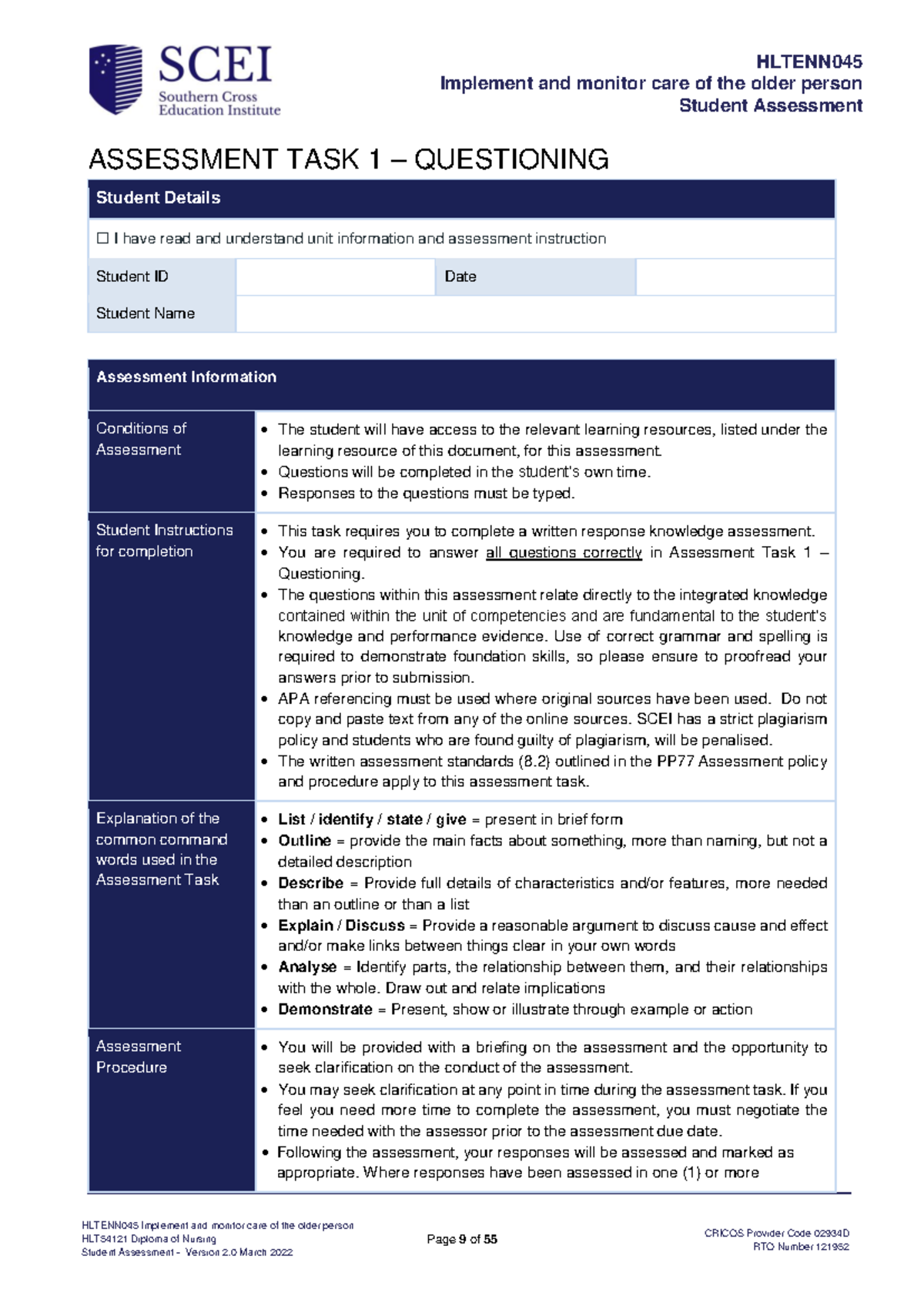 Implement and monitor care of the older person Student Assessment - Studocu